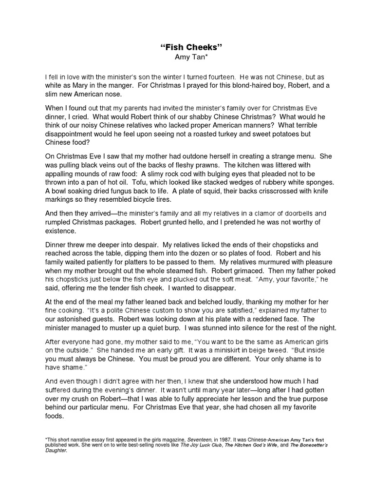 Comparing Contrasting "Fish Cheeks" (Amy Tan) With "Killing Dinner ...