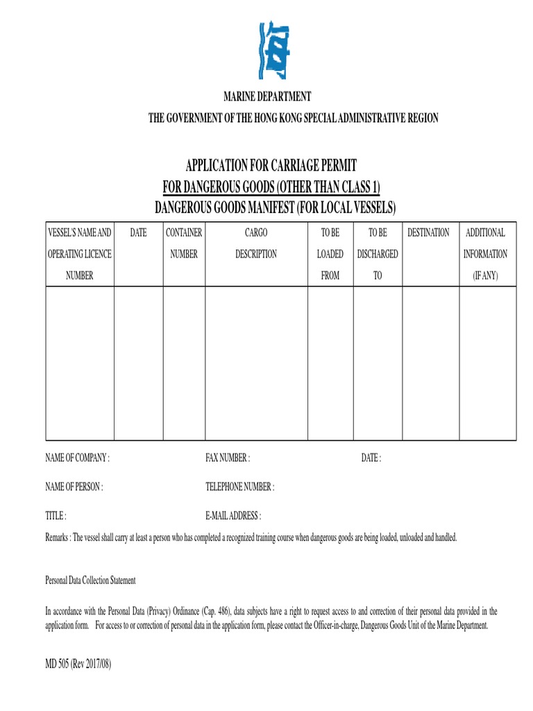 Application For Carriage Permit For Dangerous Goods (Other Than Class 1 ...