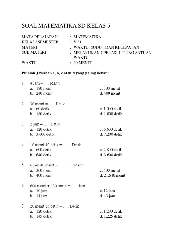 Soal Matematika Kelas 5 SD | PDF