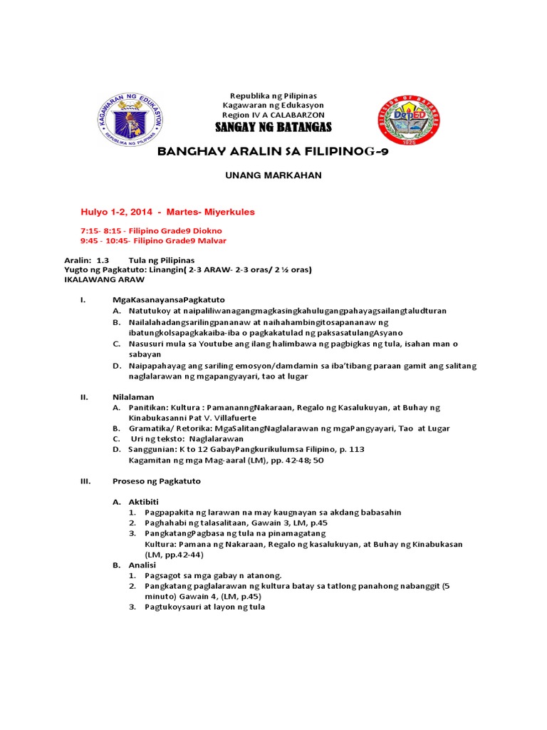 Aralin 1.3 Linangin Filipino g9 | PDF