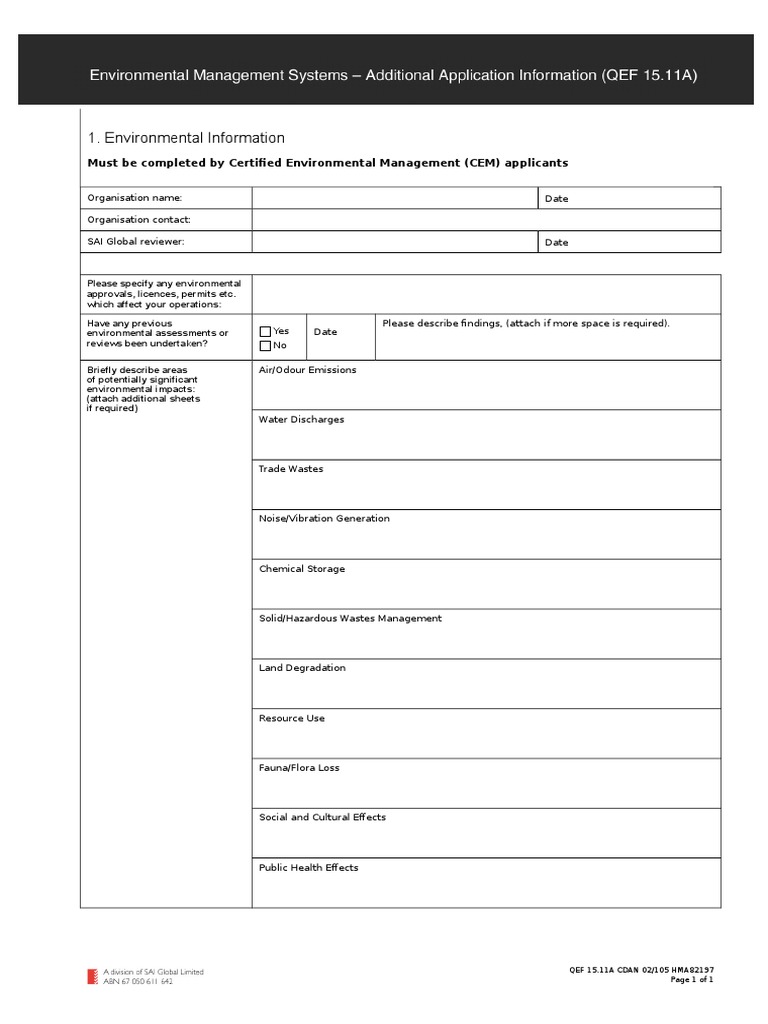Environmental Information: Must Be Completed by Certified Environmental ...