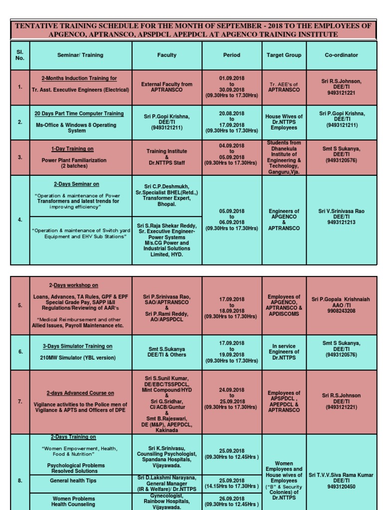 Tentative Training Schedule For The Month of September - 2018 To The ...
