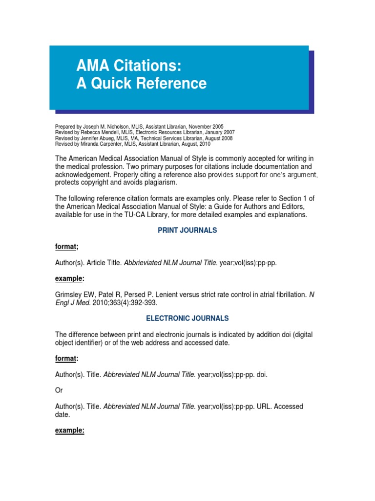 AMA Citations: A Quick Reference: Format | PDF | Citation | Note ...