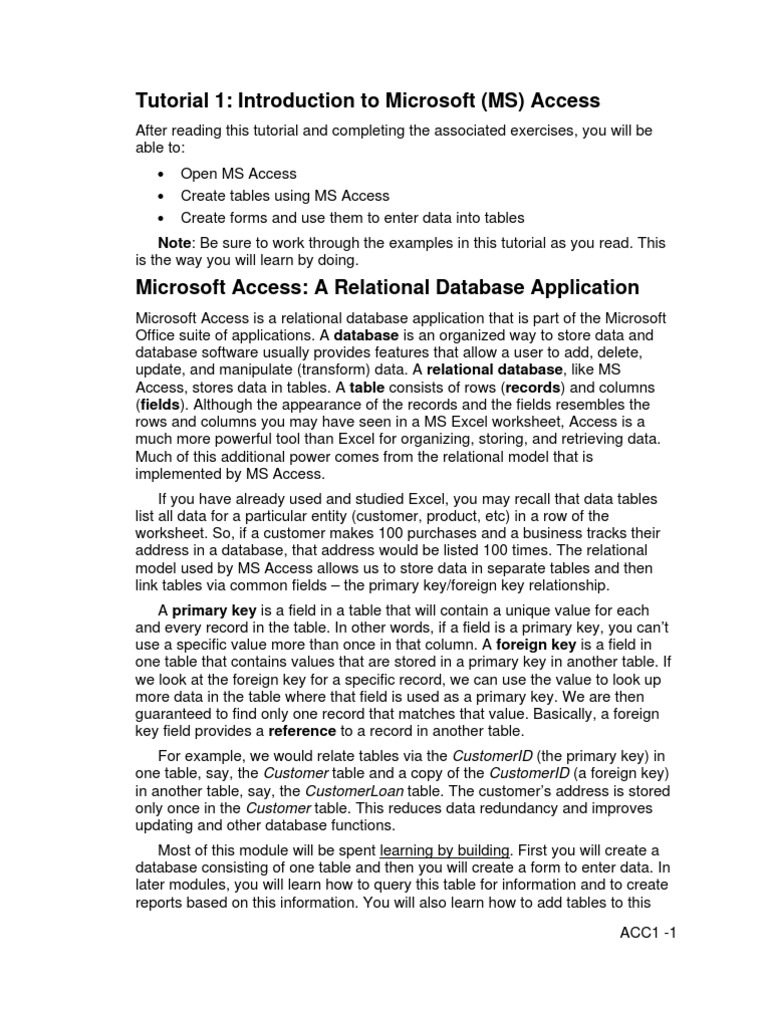 Tutorial 1: Introduction To Microsoft (MS) Access | PDF | Relational Database | Microsoft Access