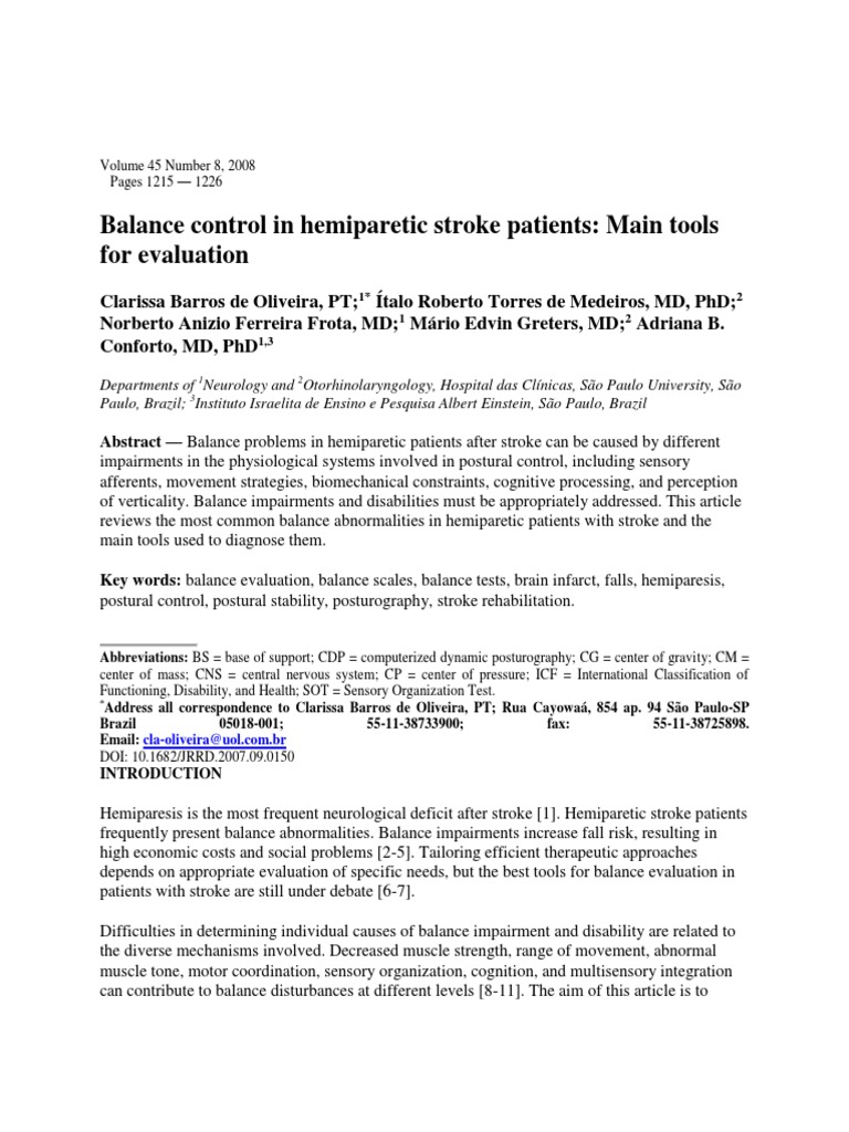 Balance evaluation tools for stroke patients | PDF | Balance (Ability ...