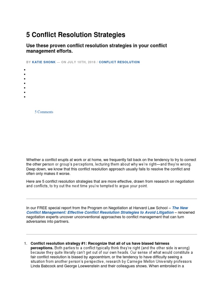 5 Effective Conflict Resolution Strategies | PDF | Negotiation | Mediation