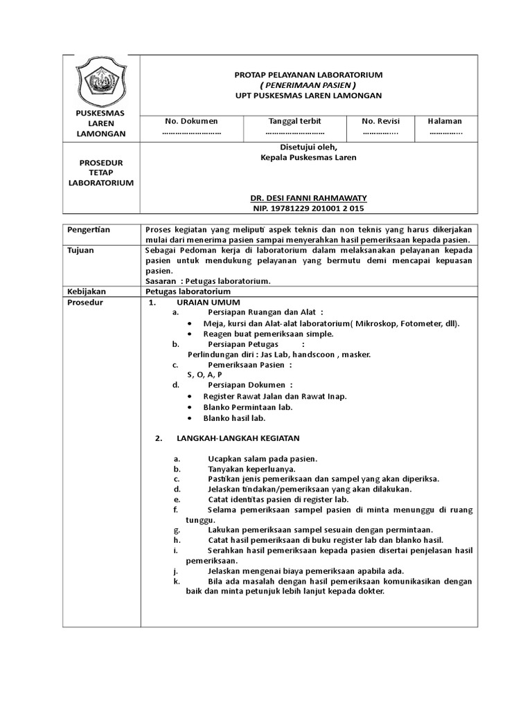 Sop Penerimaan Pasien Lab | PDF