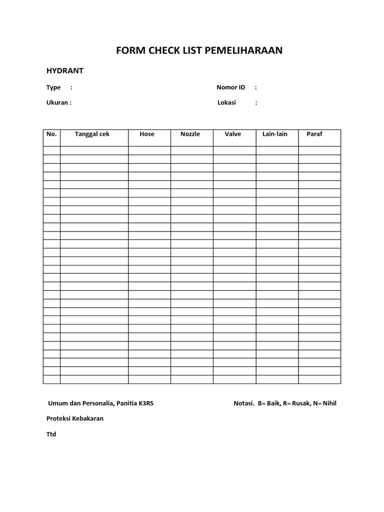 FORM CHECK LIST PEMELIHARAAN Hydrant | PDF