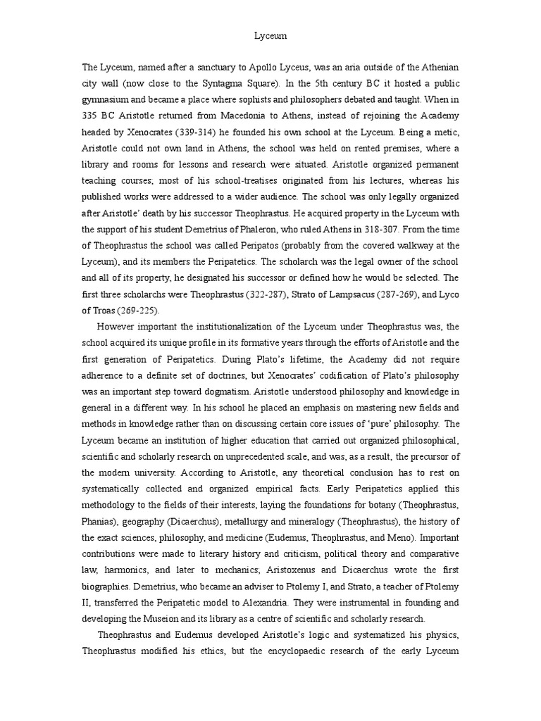 Lyceum | PDF | Ancient Philosophers | Aristotle
