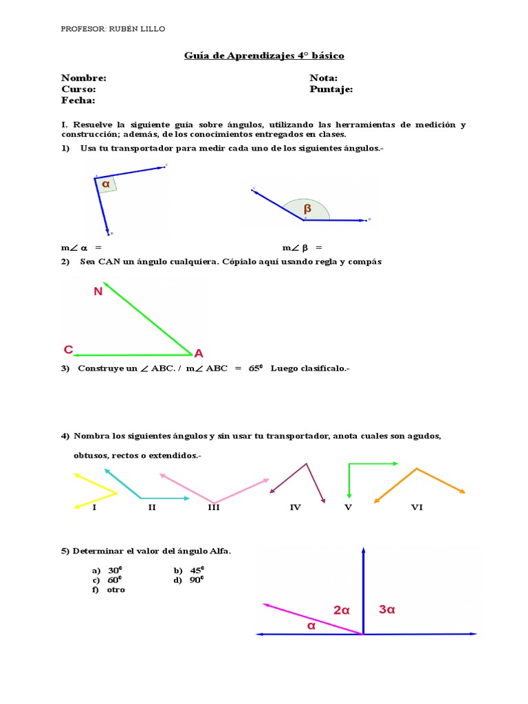 Guía de Ángulos - 4° AÑO BÁSICO | PDF | Enseñanza de matemática