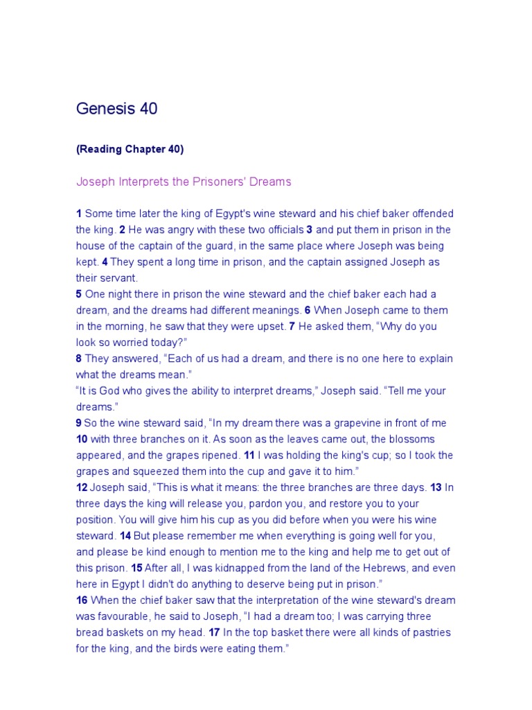 Genesis 40: Joseph Interprets The Prisoners' Dreams | PDF | Dream