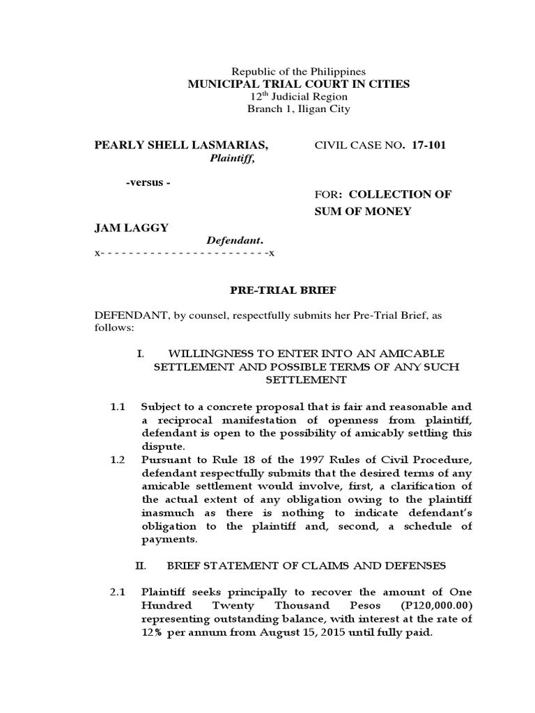 Pre-Trial Brief Defendant | PDF | Discovery (Law) | Lawsuit