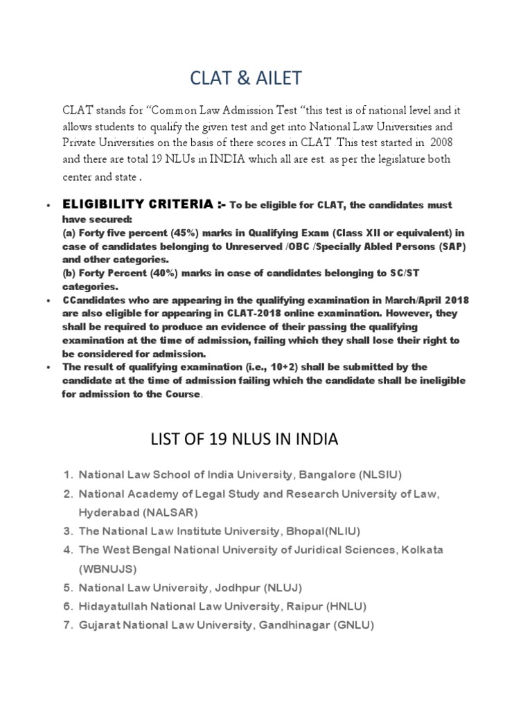 Clat & Ailet: List of 19 Nlus in India | PDF | Qualifications | Educational Institutions