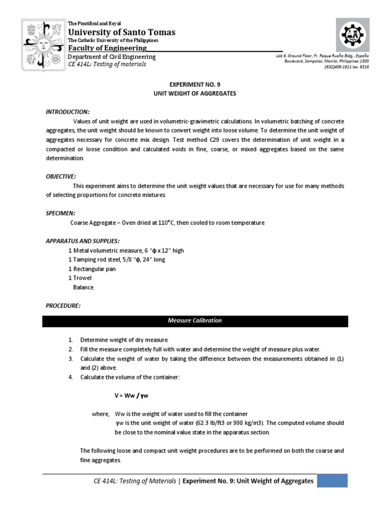 9 - Unit Weight of Aggregates | PDF | Experiment | Concrete