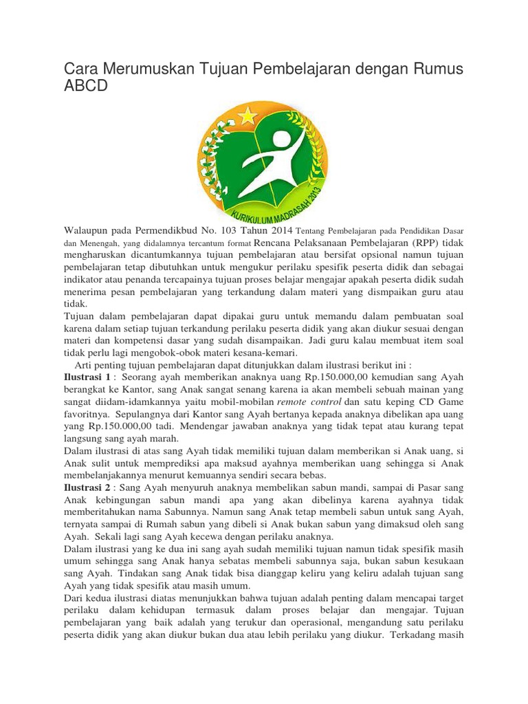 Cara Merumuskan Tujuan Pembelajaran Dengan Rumus ABCD | PDF