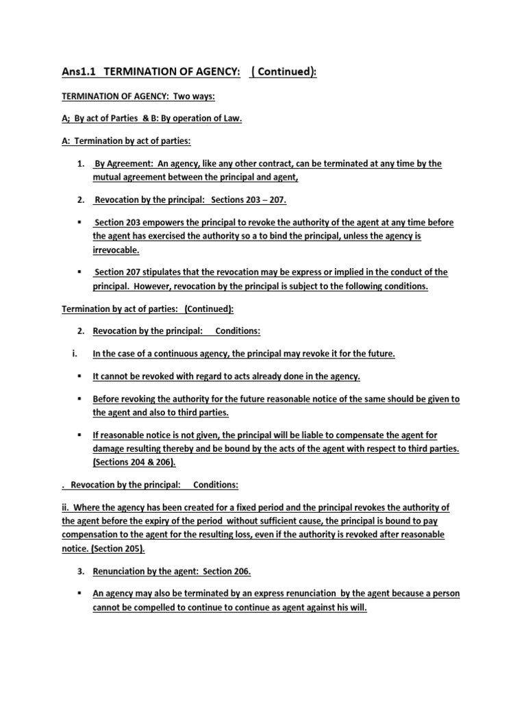 Ans1.1 TERMINATION OF AGENCY: (Continued) | PDF | Law Of Agency | Lien