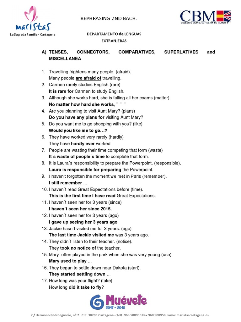 General Rephrasing 2nd Bachillerato | PDF