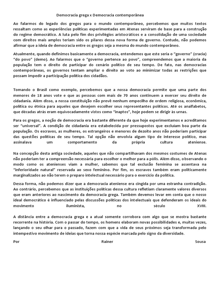 Democracia Grega X Democracia Contemporânea | PDF | Democracia ... Democracia Grega X Democracia Contemporânea | PDF | Democracia ...