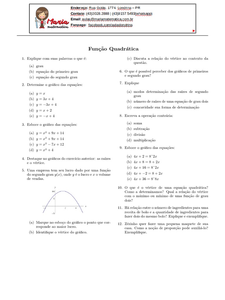 Análise E Representação Gráfica De Funções Quadráticas Pdf Equações