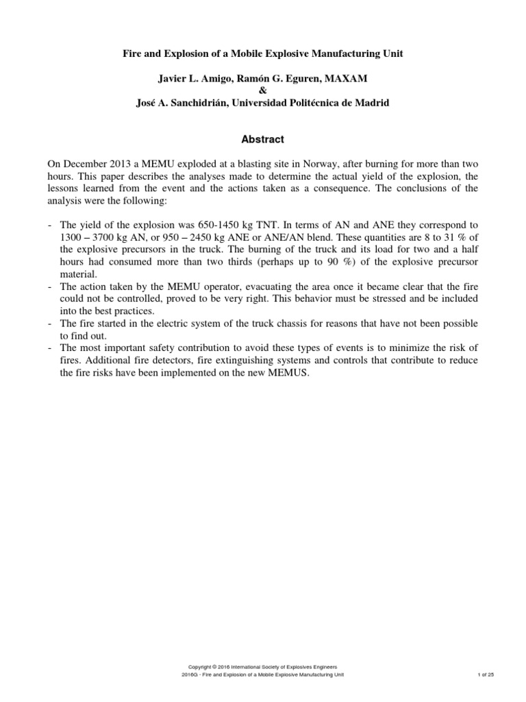 Fire and Explosion of A Mobile Explosive Manufacturing Unit | PDF ...