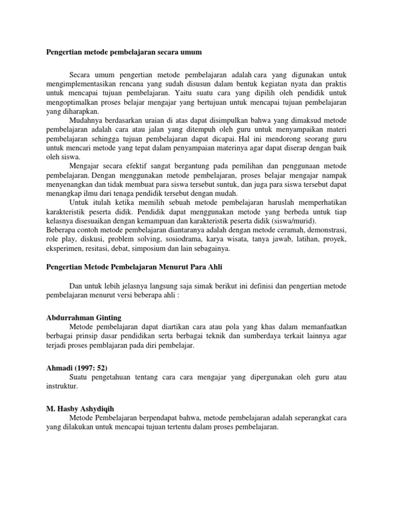 Secara Umum Pengertian Metode Pembelajaran Adalah | PDF