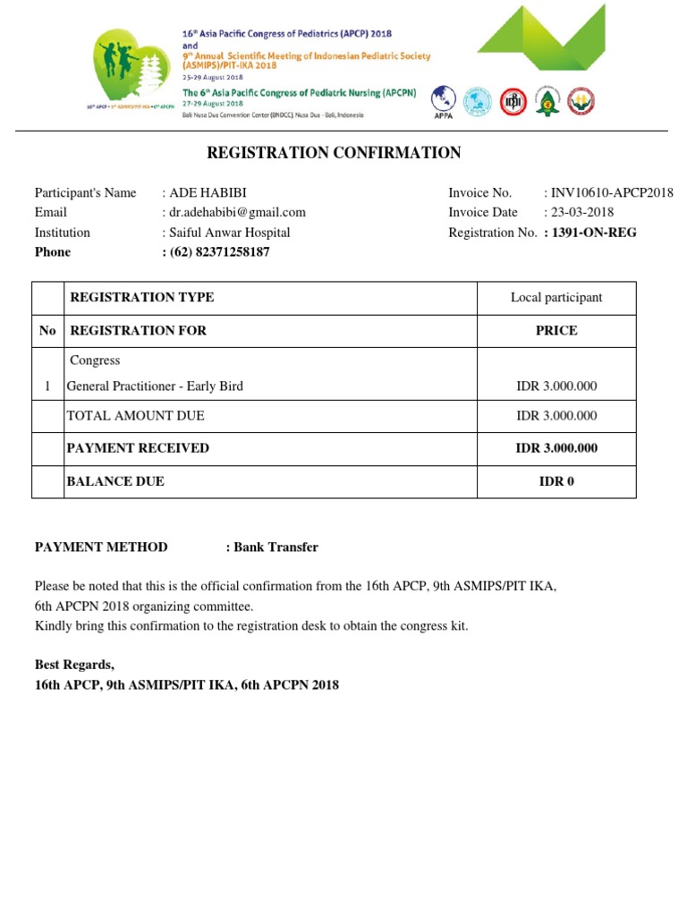 Registration Confirmation: Phone: (62) 82371258187 | PDF | Payments ...