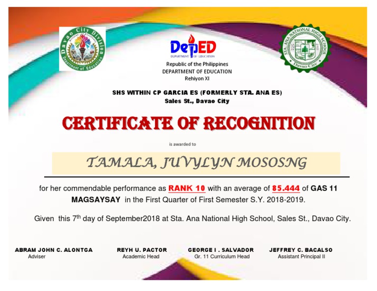 Certificate of Recognition Awarded to Juvylyn Mososng for Ranking 10th ...