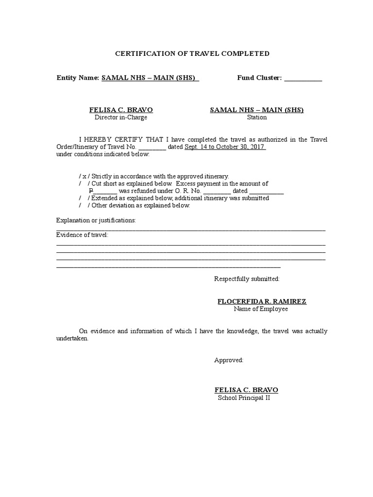 Travel Completion Certification Form | PDF