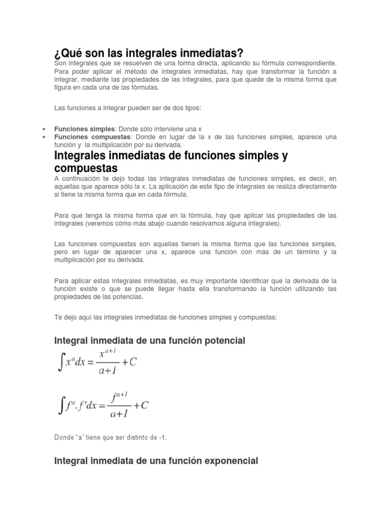 Integrales Inmediatas: Definición y Ejemplos | PDF | Integral | Derivado