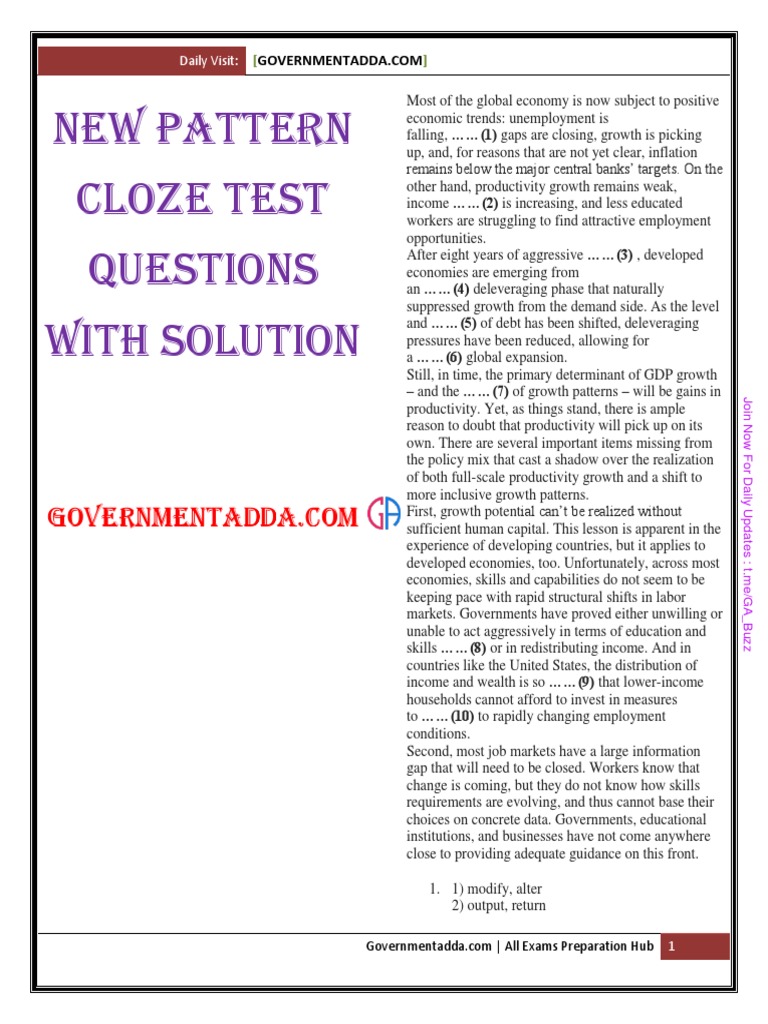New Pattern Cloze Test Questions With Solution: Daily Visit | PDF ...