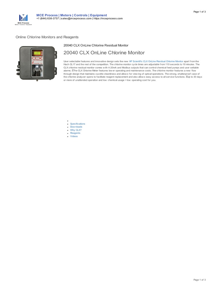 HF Scientific Online Chlorine Monitors and Reagents - CLX | PDF | Nature