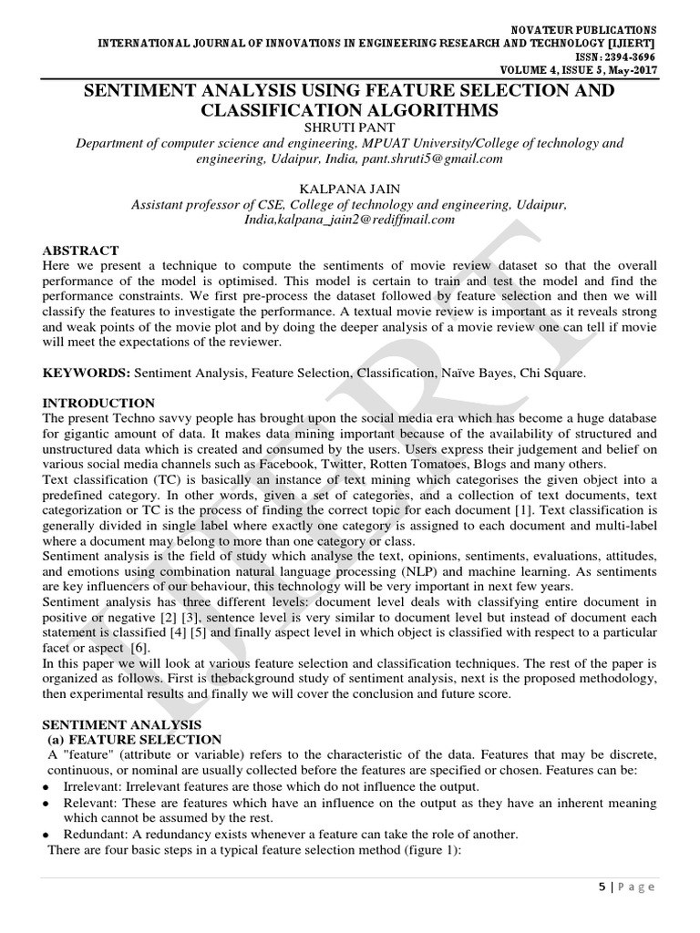 Sentiment Analysis Using Feature Selection and Classification Algorithms | Download Free PDF ...