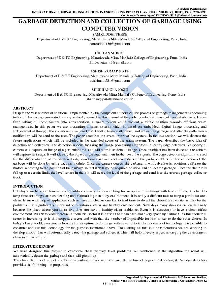 Garbage Detection and Collection of Garbage Using Computer Vision ...