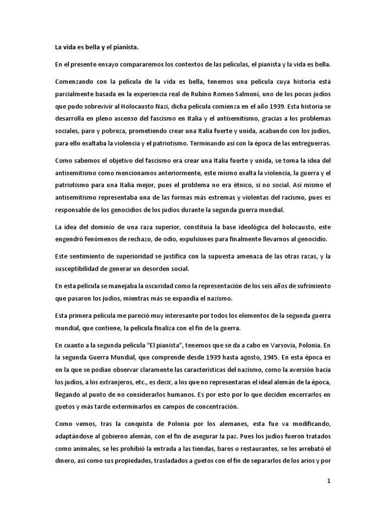 Comparativa: "La vida es bella" y "El pianista" | PDF | Alemania nazi ...