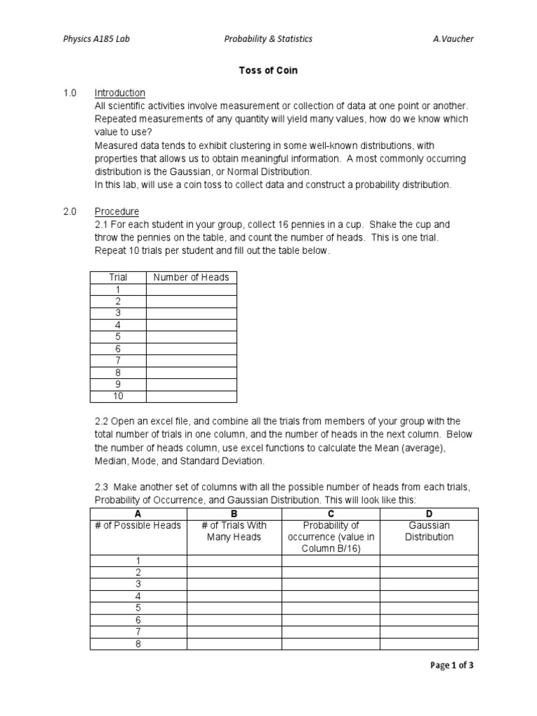 Toss of Coin: Physics A185 Lab Probability & Statistics A.Vaucher | PDF ...