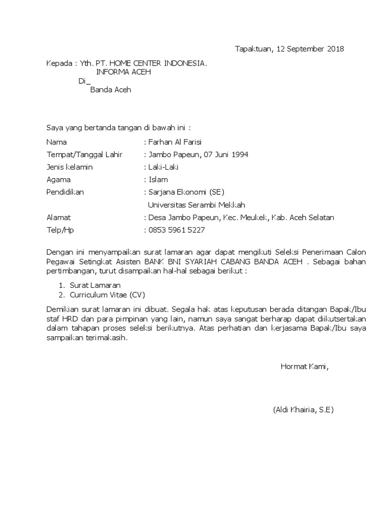 Contoh Format Lamaran Kerja | PDF