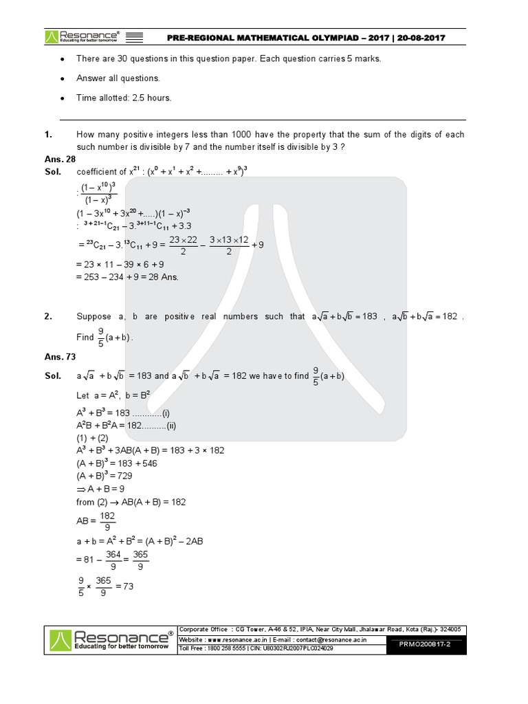 Pre RMO 2017 Question Paper | PDF | Discrete Mathematics | Mathematical ...