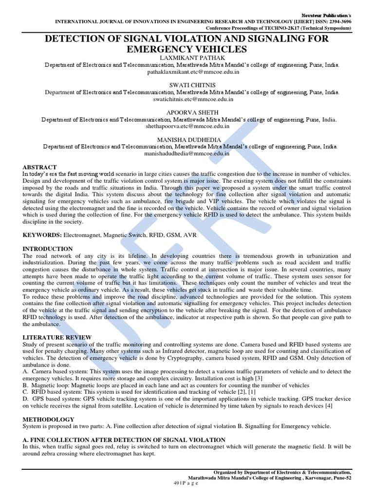 Detection of Signal Violation and Signaling For Emergency Vehicles ...