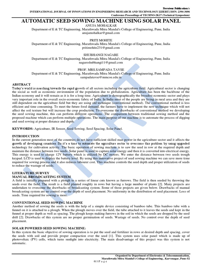 Automatic Seed Sowing Machine Using Solar Panel | PDF | Solar Panel ...