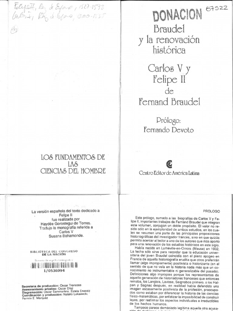 Braudel y La Renovación Histórica. Carlos V y Felipe II de Fernand Braudel. Prólogo de Fernando ...