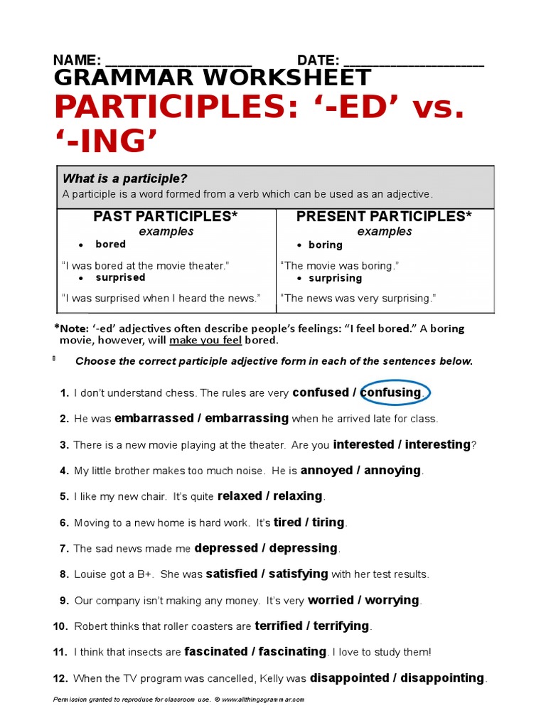 Participles: - Ed' vs. - ING': Grammar Worksheet | PDF | Adjective ...