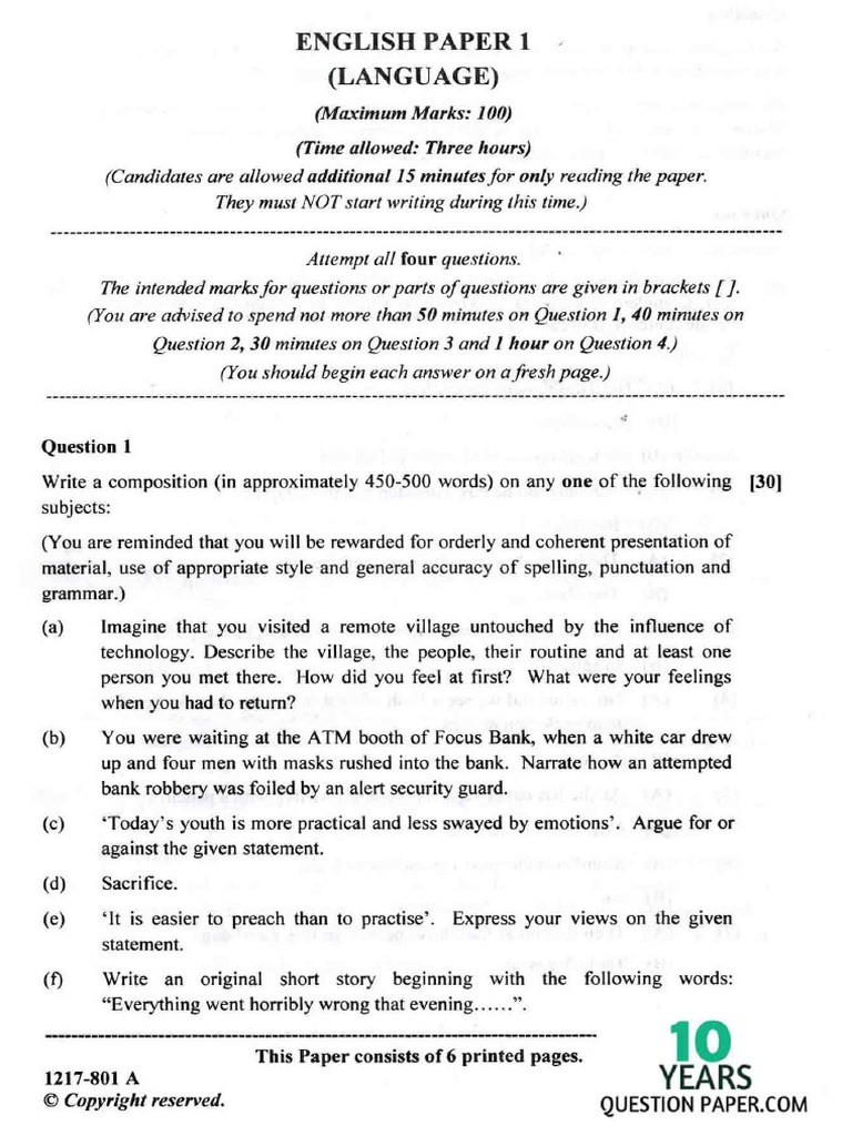 ISC 2017 English Language Paper 1 | PDF