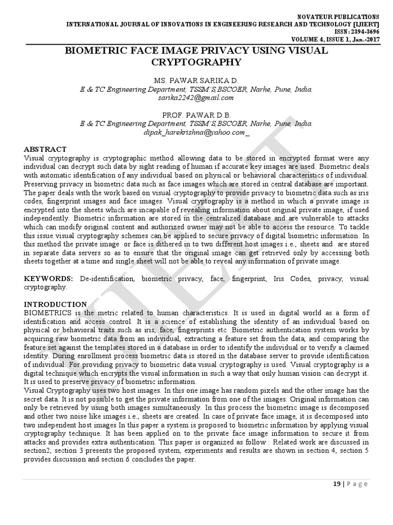 Biometric Face Image Privacy Using Visual Cryptography | PDF | Biometrics | Cryptography