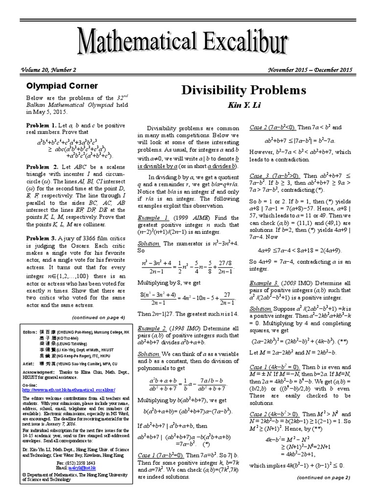 Divisibility Problems: Olympiad Corner | PDF | Prime Number ...