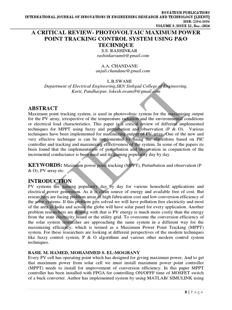 A Critical Review - Photovoltaic Maximum Power Point Tracking Control ...