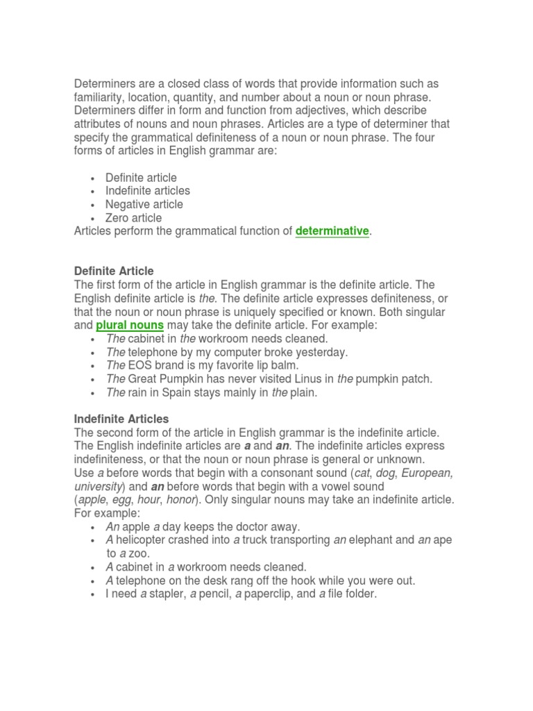 Determinative: Definite Article | PDF | Noun | English Grammar