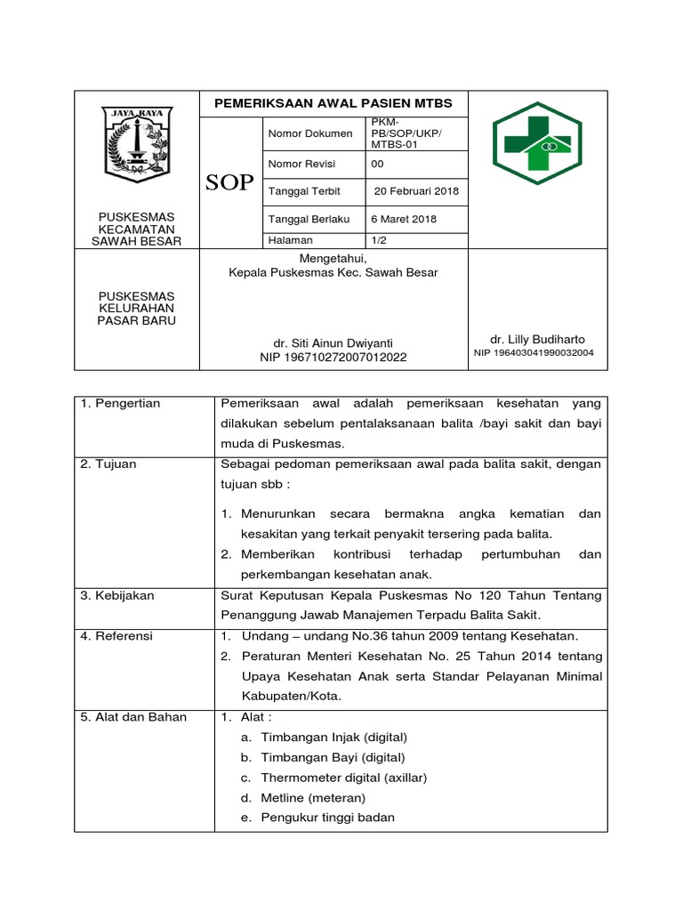 Sop Pemeriksaan Awal Mtbs | PDF