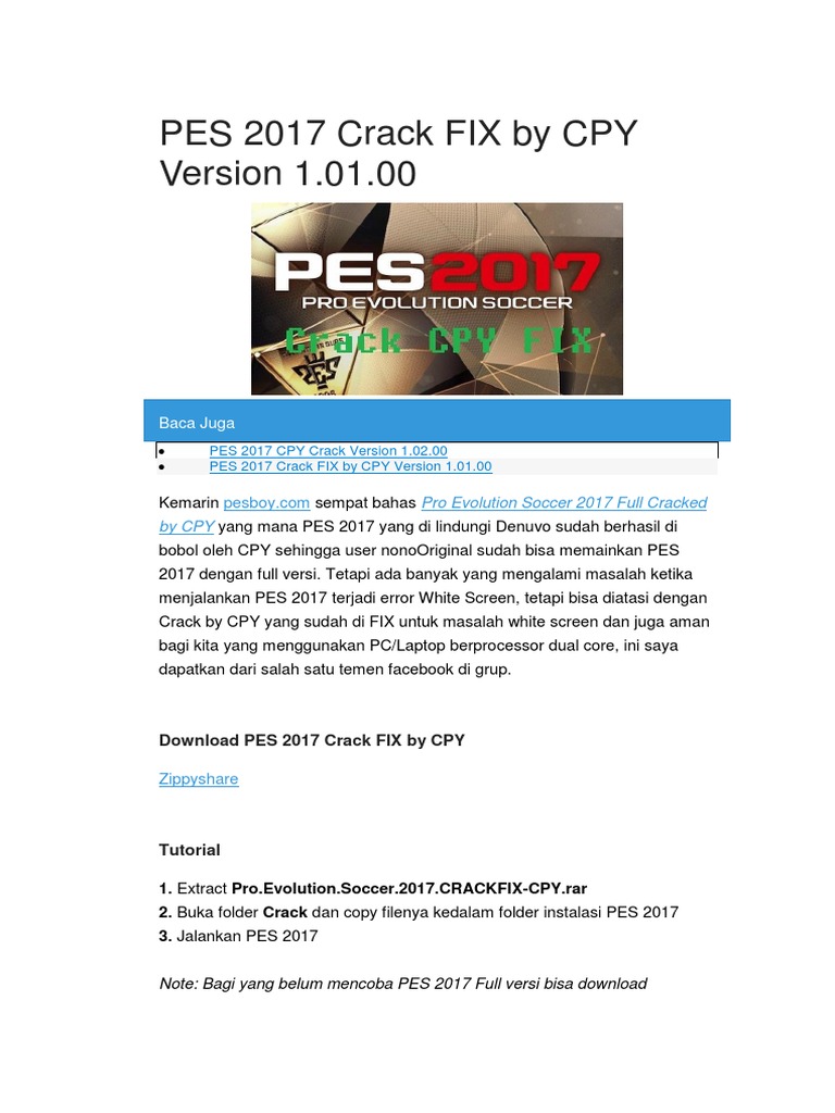 PES 2017 Crack FIX by CPY Version 1 | PDF