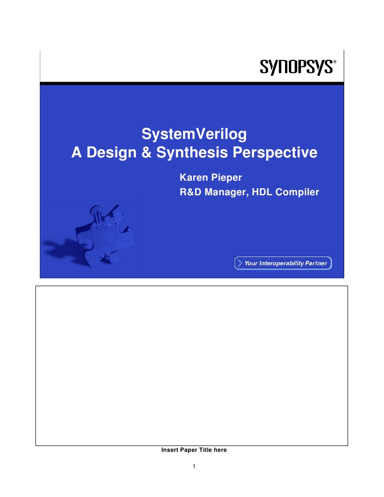 Systemverilog A Design & Synthesis Perspective: Karen Pieper R&D Manager, HDL Compiler | PDF ...