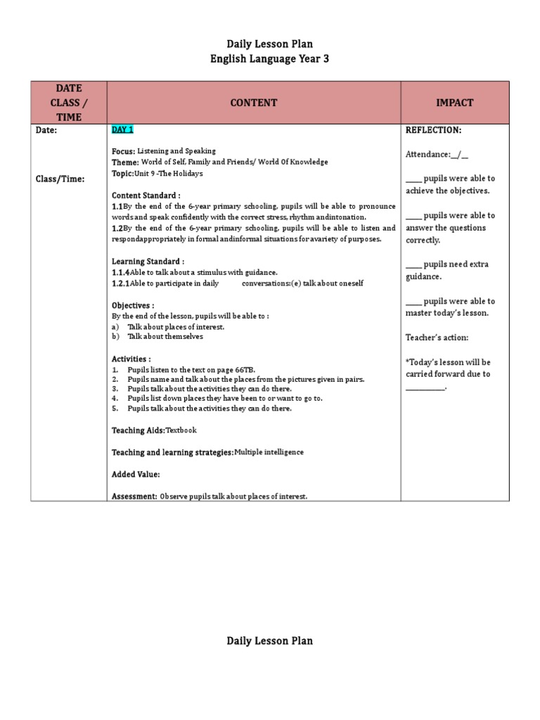 Date Class / Time Content Impact: Daily Lesson Plan English Language ...